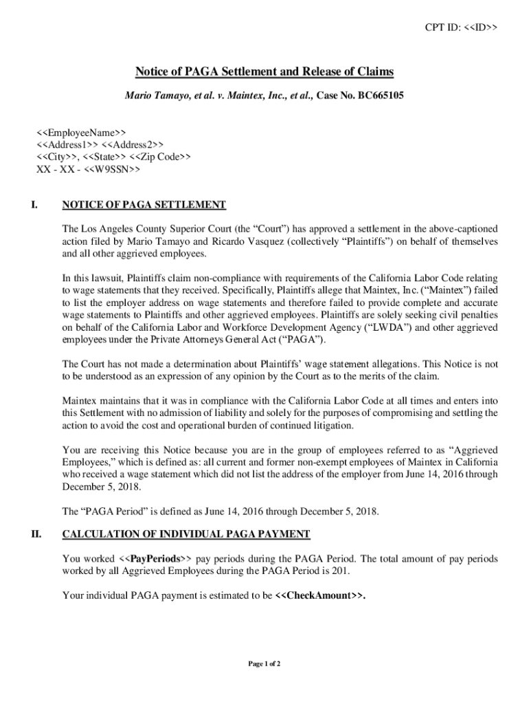 Fillable Online Notice of PAGA Settlement and Release of Claims Fax ...
