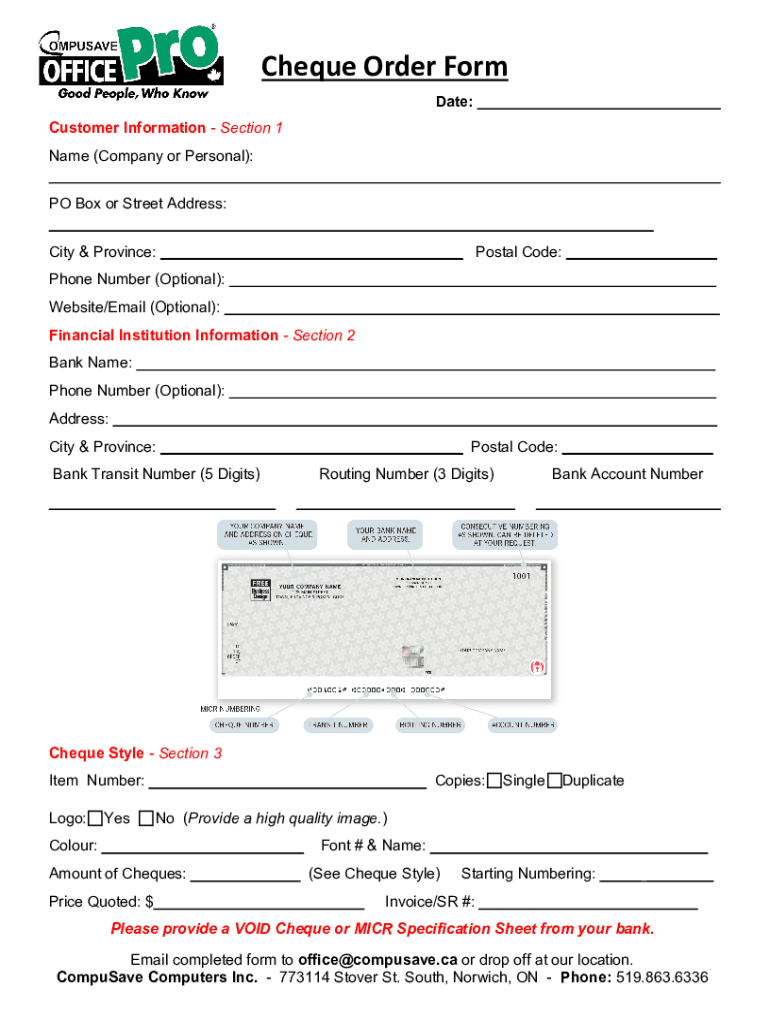 Fillable Online Cheque Order Form Fax Email Print - pdfFiller