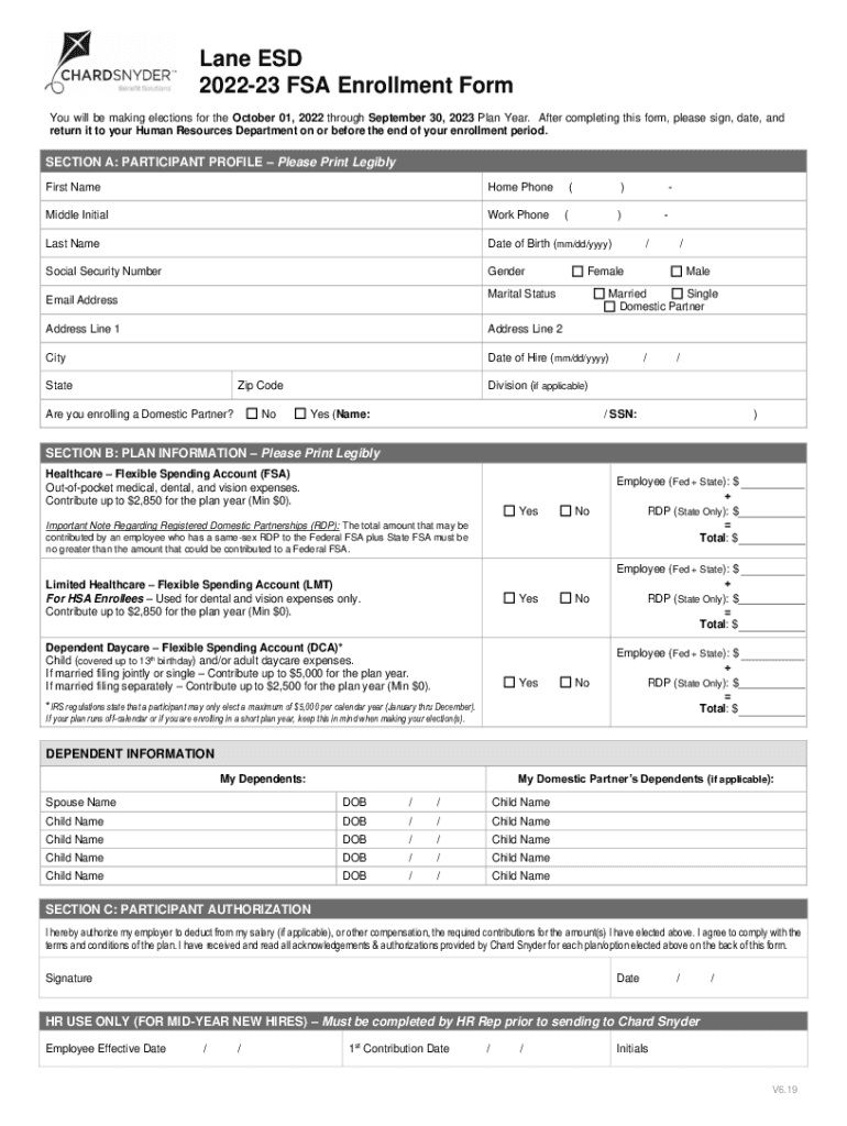 Fillable Online lesd k12 or Lane ESD 2022-23 FSA Enrollment Form Fax ...