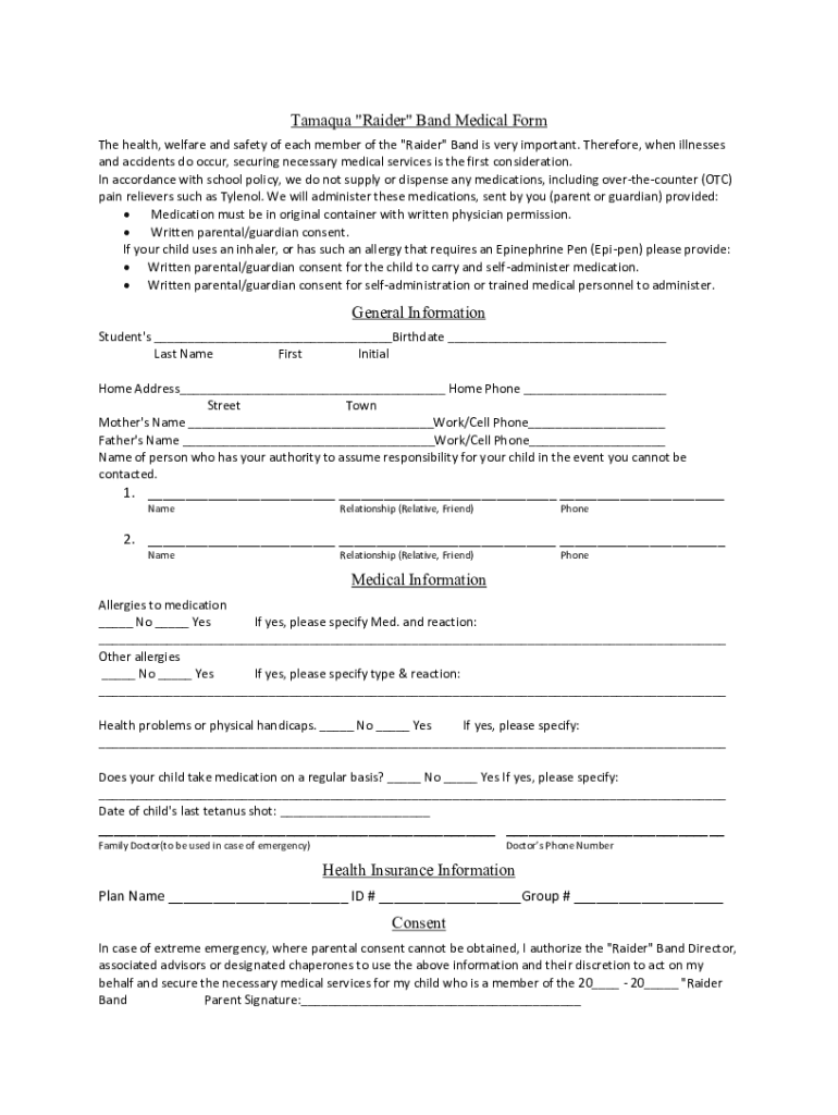 Fillable Online Tamaqua "Raider" Band Medical Form Fax Email Print ...