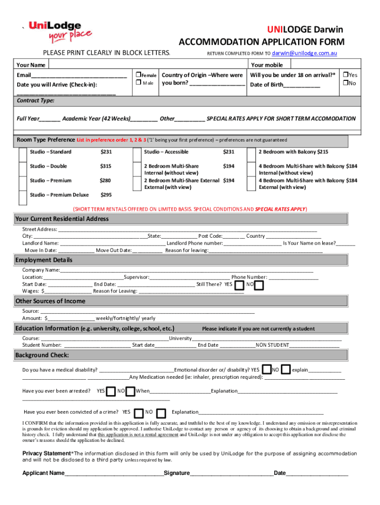 Fillable Online UNILODGE Darwin ACCOMMODATION APPLICATION FORM Fax Email Print - pdfFiller