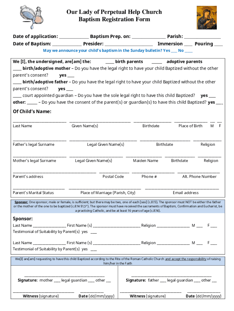 Fillable Online Our Lady of Perpetual Help Church Baptism Registration ...