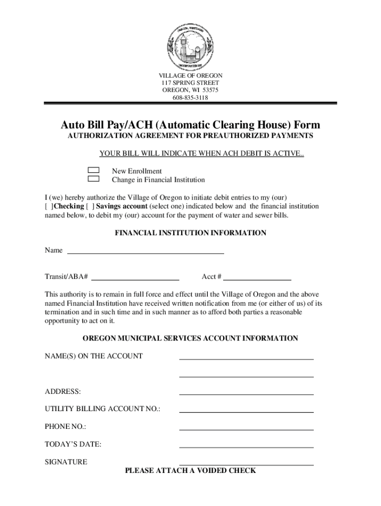 Fillable Online Auto Bill Pay/ACH (Automatic Clearing House) Form Fax ...