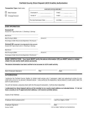 Fillable Online Direct Deposit (ACH Credits) Authorization - Fairfield County Fax Email Print ...