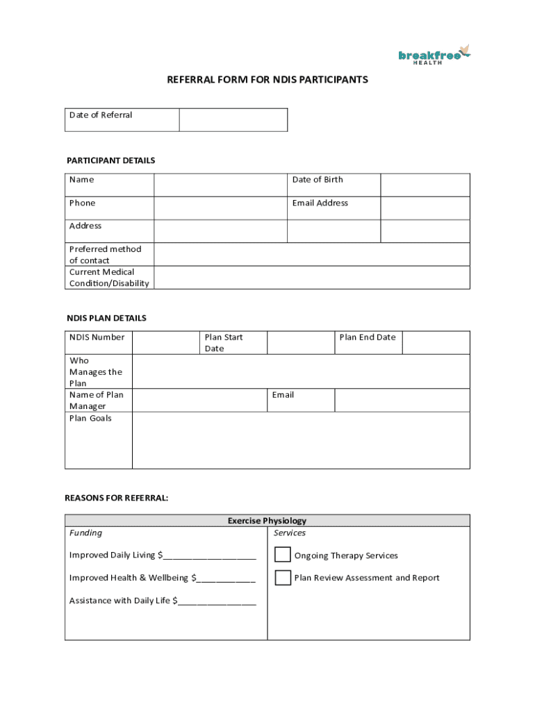 Fillable Online REFERRAL FORM FOR NDIS PARTICIPANTS Fax Email Print - pdfFiller