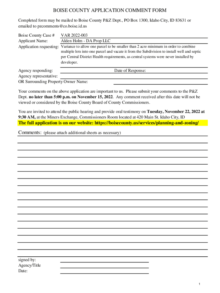 Fillable Online BOISE COUNTY APPLICATION COMMENT FORM Fax Email Print ...