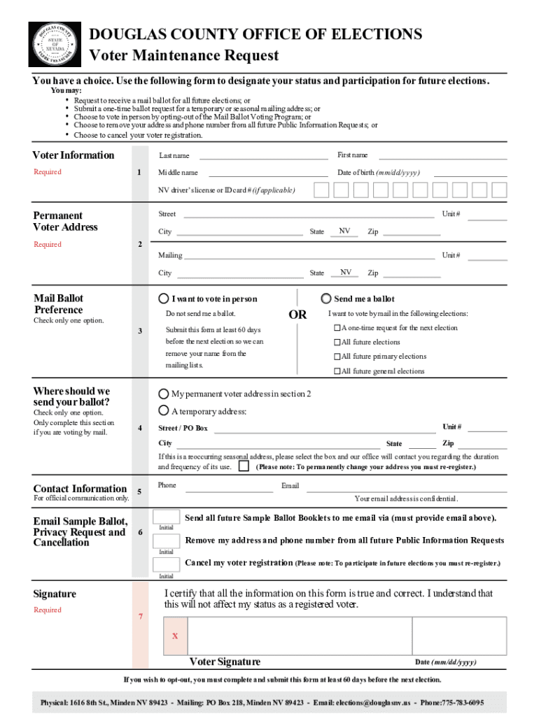 Fillable Online cltr douglasnv Douglas County Voter Maintenance Request Form Fax Email Print ...