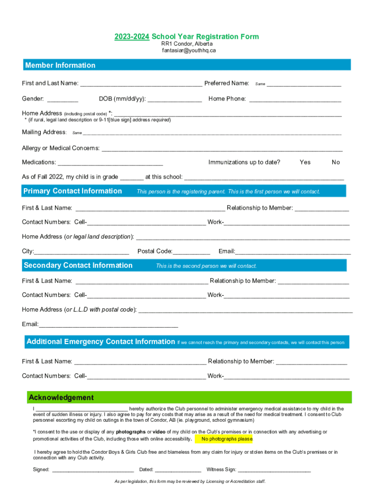 Fillable Online Member Information 2023-2024 School Year Registration ...