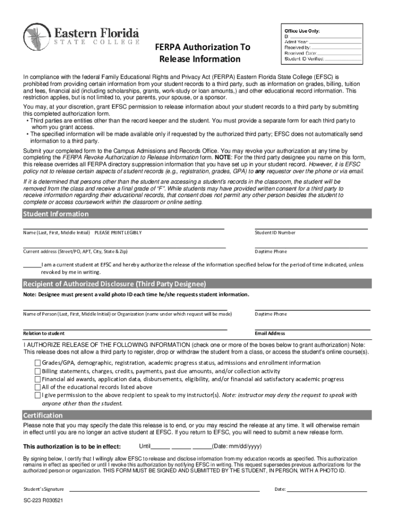 Fillable Online FERPA Authorization To Release Information Fax Email Print - pdfFiller