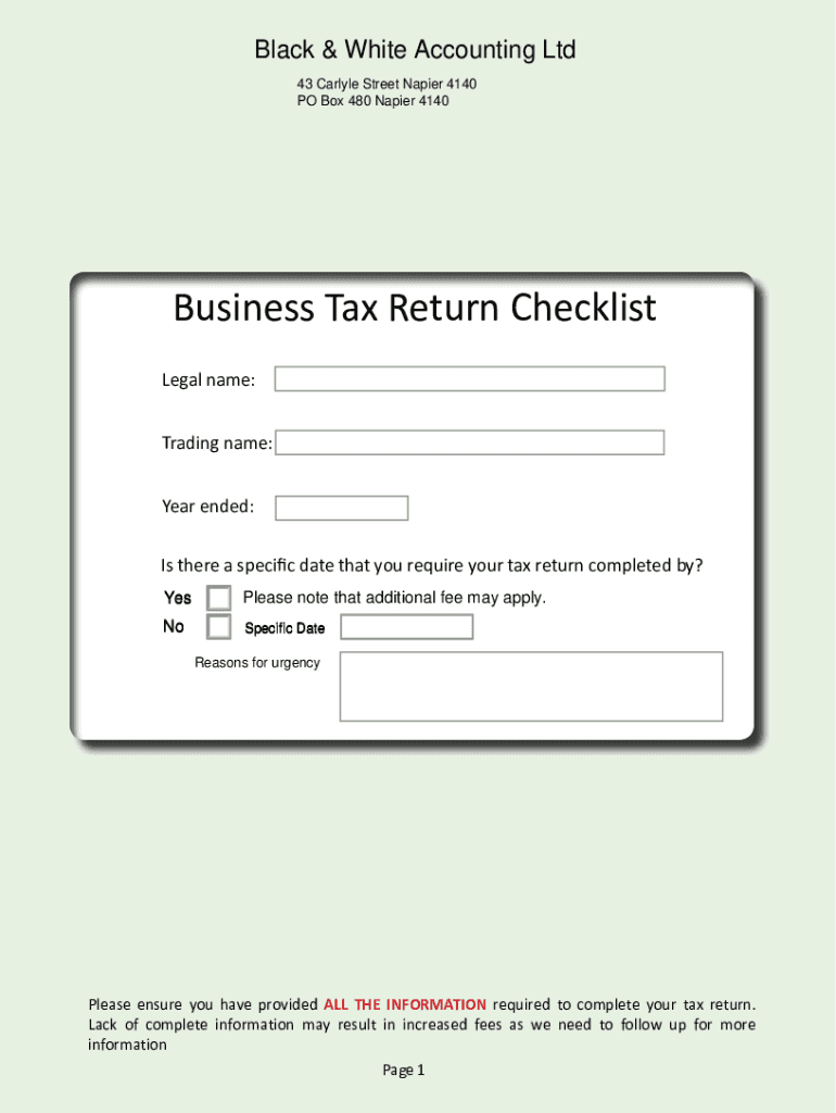 Fillable Online Business Tax Return Checklist - Napier Fax Email Print ...