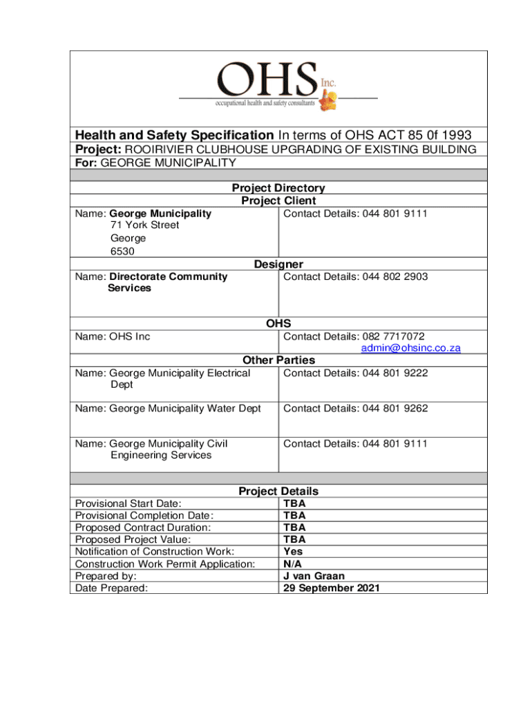 Fillable Online Annexure A - OHS Specifications - Health and Safety ...