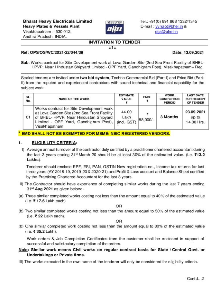 Fillable Online Bharat Heavy Electricals Limited INVITATION TO TENDER Fax Email Print - pdfFiller
