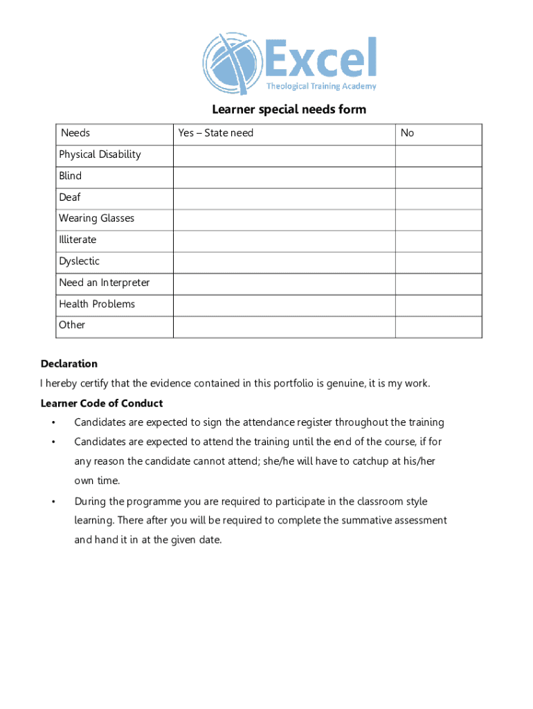Fillable Online Learner special needs form Fax Email Print - pdfFiller