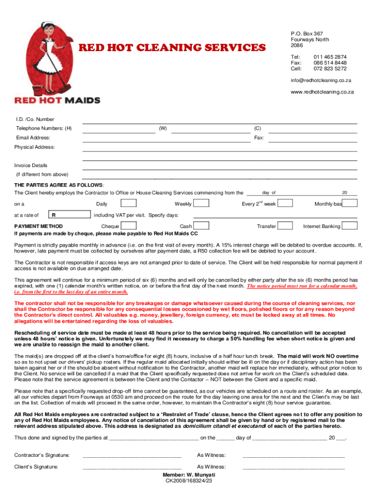 Fillable Online red hot maidsRed Hot Cleaning Services Fax Email Print ...