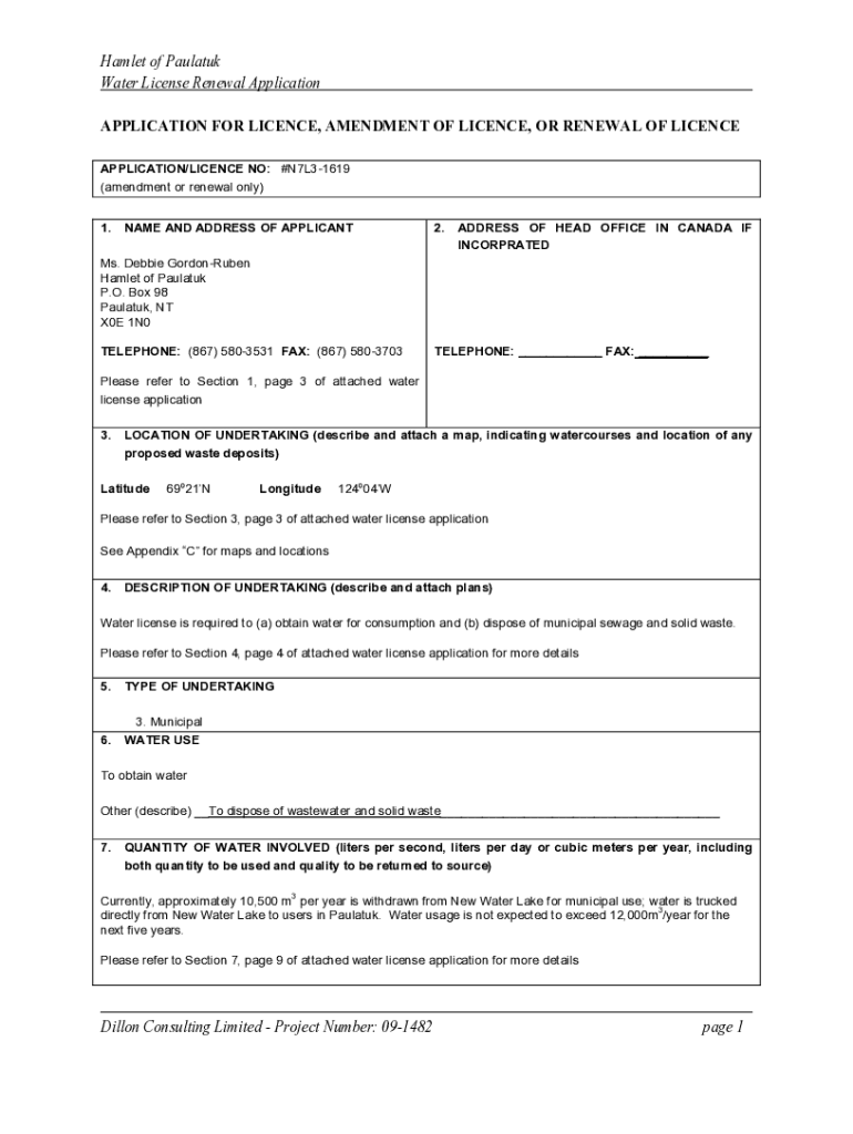 Fillable Online Hamlet of Paulatuk Water License Renewal Application ...