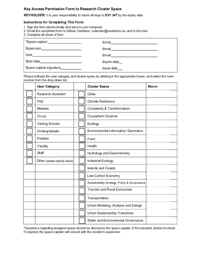Fillable Online Key Access Permission Form to Research Cluster Space Fax Email Print - pdfFiller