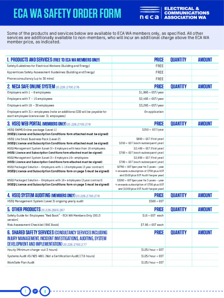 Fillable Online ECA WA SAFETY ORDER FORM - NECA Fax Email Print - pdfFiller