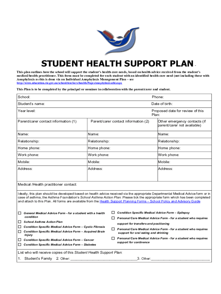 Fillable Online STUDENT-HEALTH-SUPPORT-PLAN.doc Fax Email Print - pdfFiller
