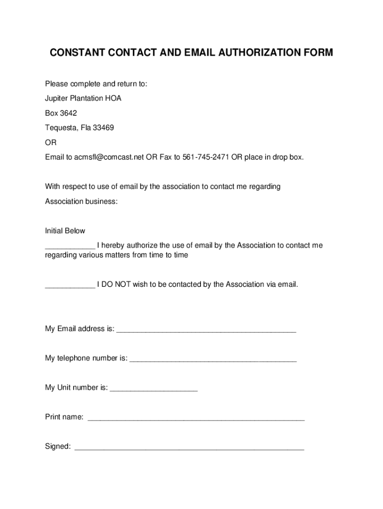 Fillable Online CONSTANT CONTACT AND EMAIL AUTHORIZATION FORM Fax Email ...