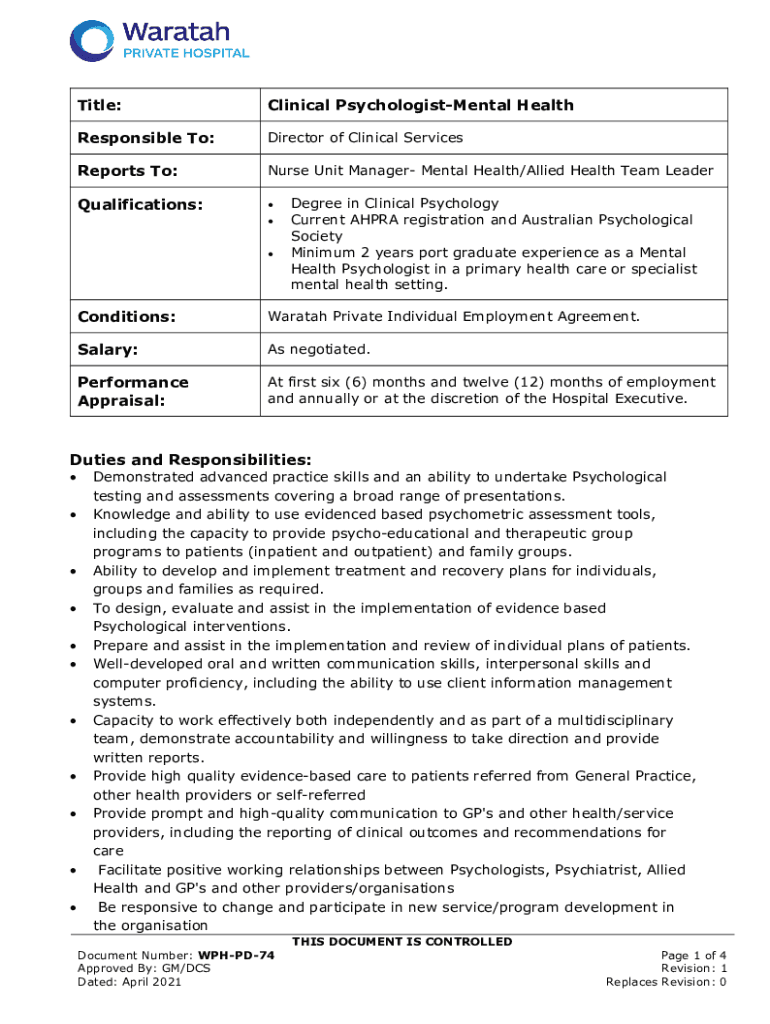 Fillable Online Clinical Psychologist-Mental Health Responsible To ...