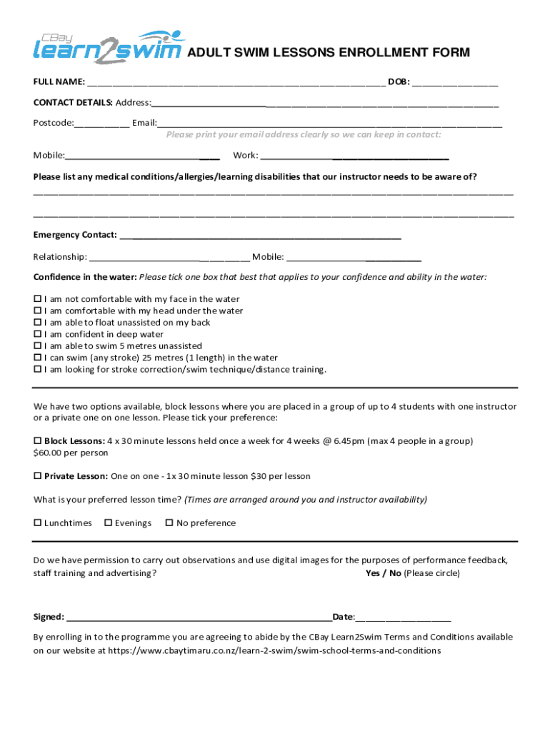Fillable Online ADULT SWIM LESSONS ENROLLMENT FORM Fax Email Print - pdfFiller