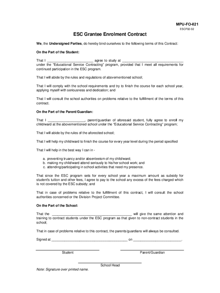 Fillable Online Esc Grantee Enrolment Contract Form - Fill Out and Sign ... Fax Email Print ...
