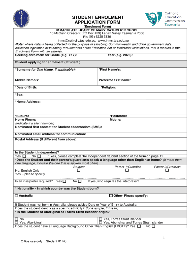 Fillable Online ihms tas edu Get the free Immaculate Heart Enrolment ...