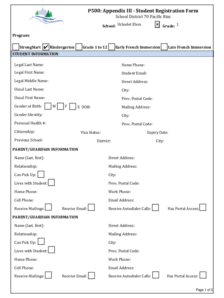 Fillable Online Appendix III - Student Registration Form School: Grade ...