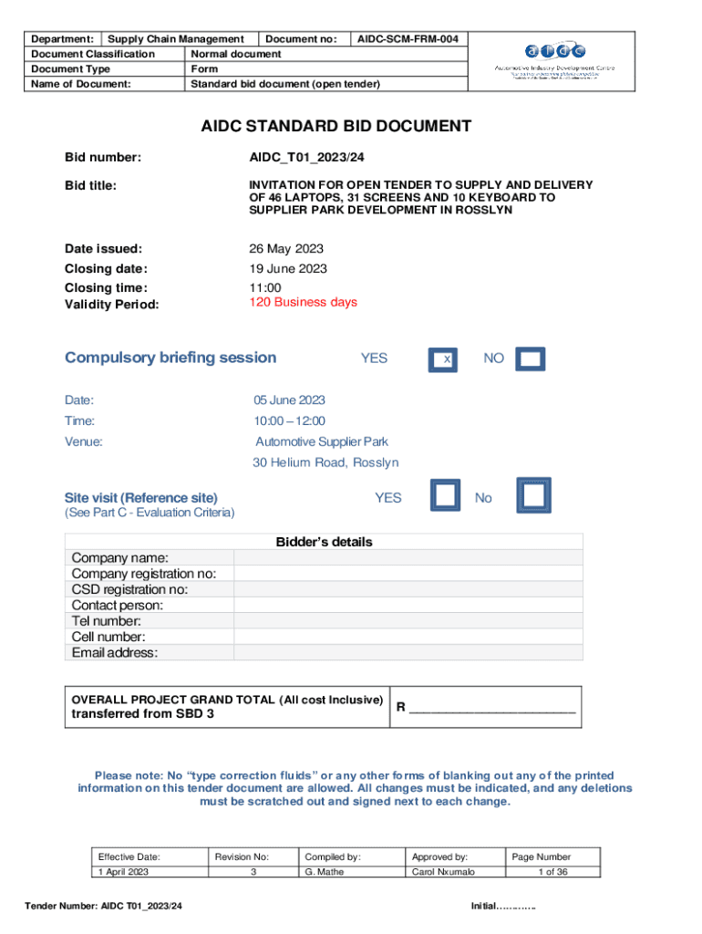 Fillable Online AIDC STANDARD BID DOCUMENT Compulsory briefing session Fax Email Print - pdfFiller