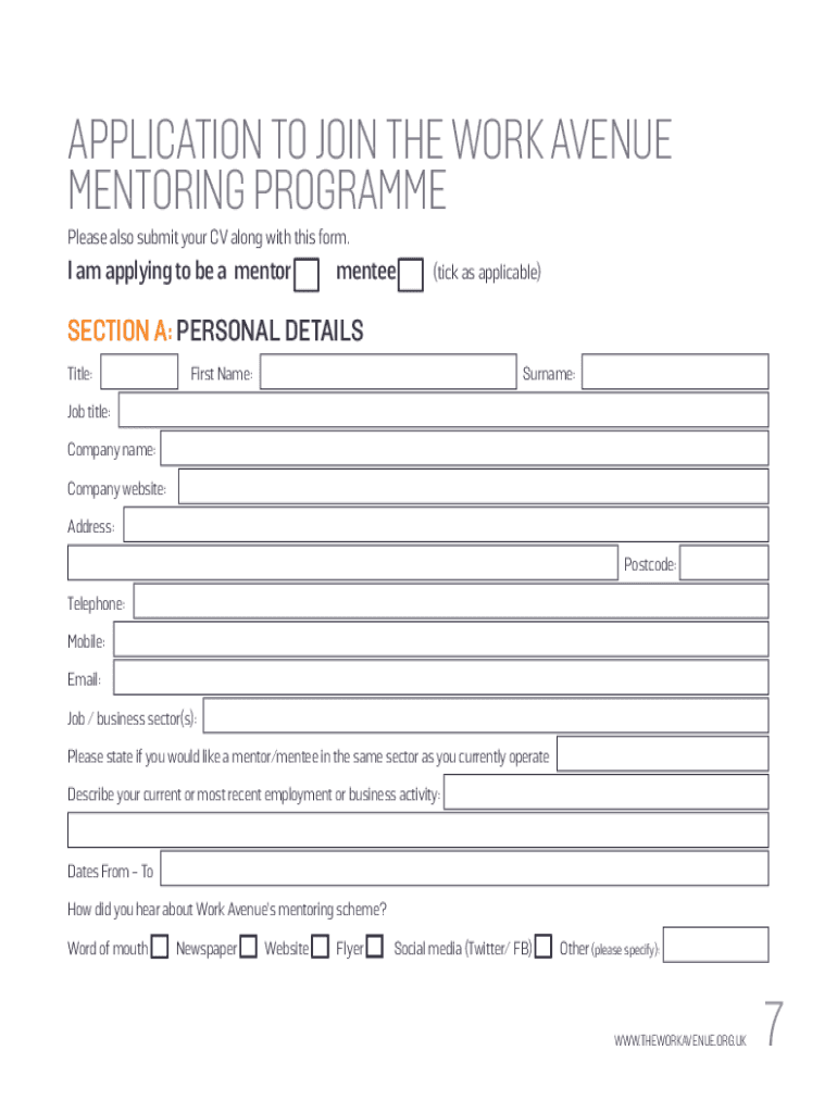 Fillable Online Mentor Application Form Template Fax Email Print ...