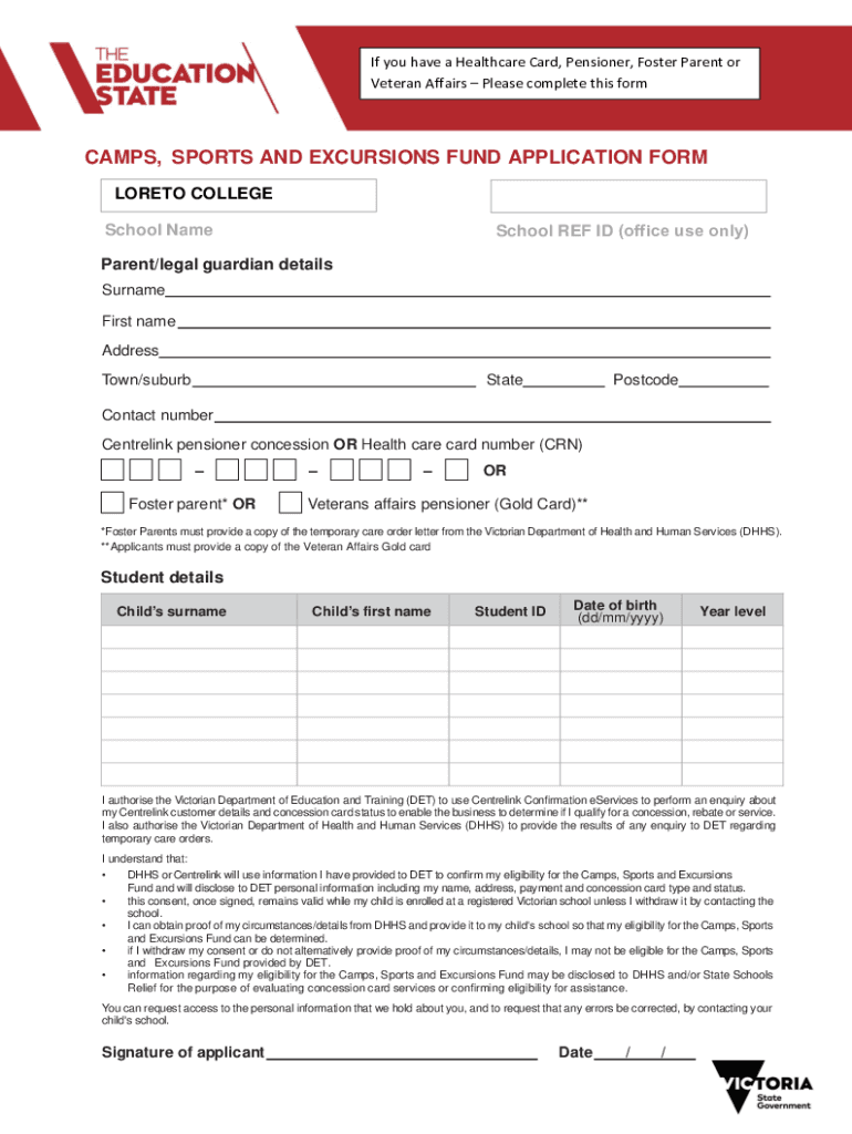 Fillable Online camps, sports and excursions fund application form ...