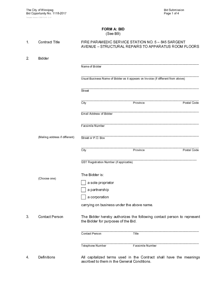 Fillable Online FORM A: BID (See B9) 1. Contract Title FIRE PARAMEDIC ...