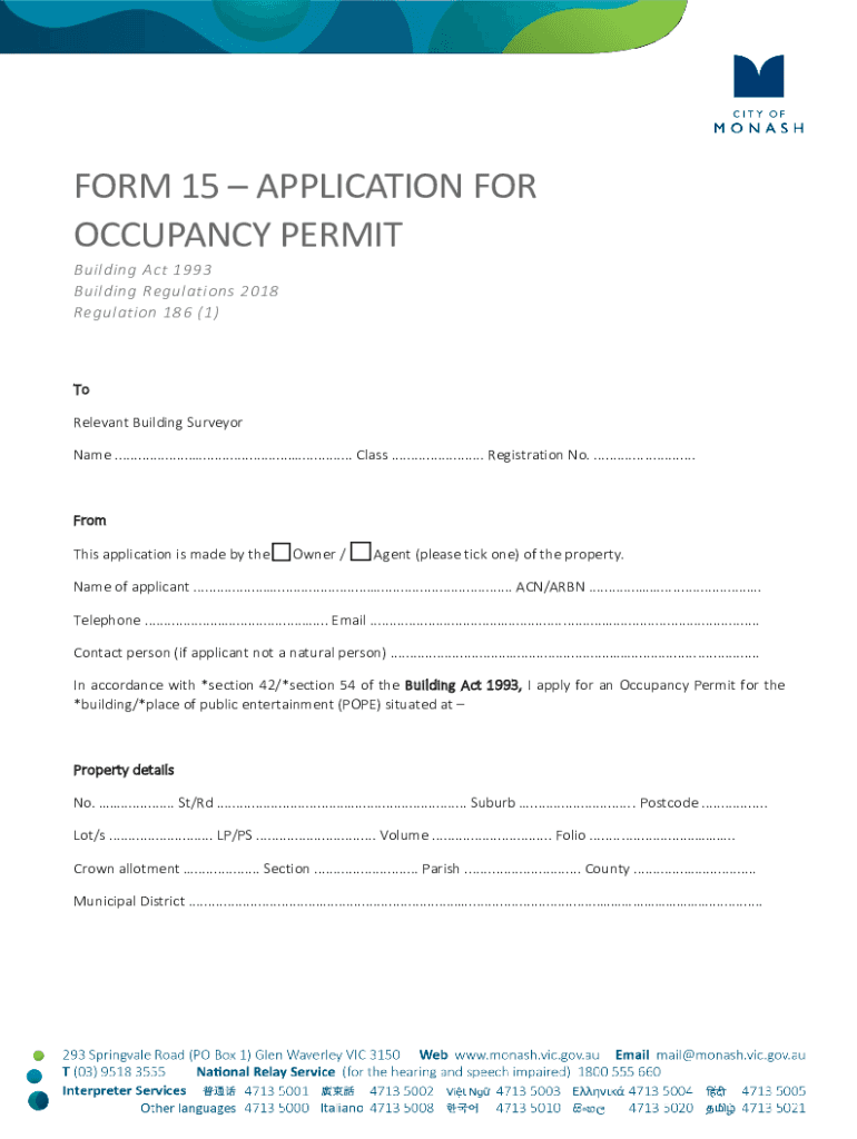 Fillable Online FORM 15 APPLICATION FOR OCCUPANCY PERMIT Fax Email Print - pdfFiller