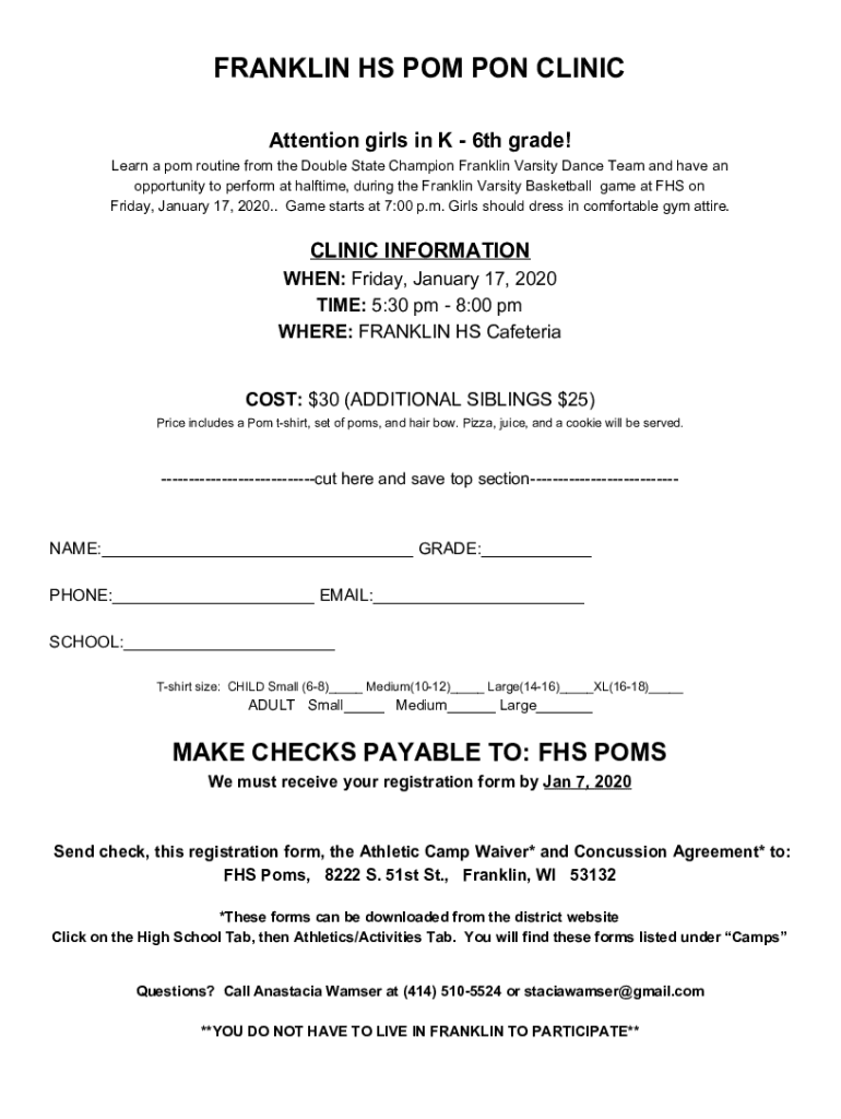 Fillable Online Fillable Online franklin hs pom pon clinic Fax Email ...