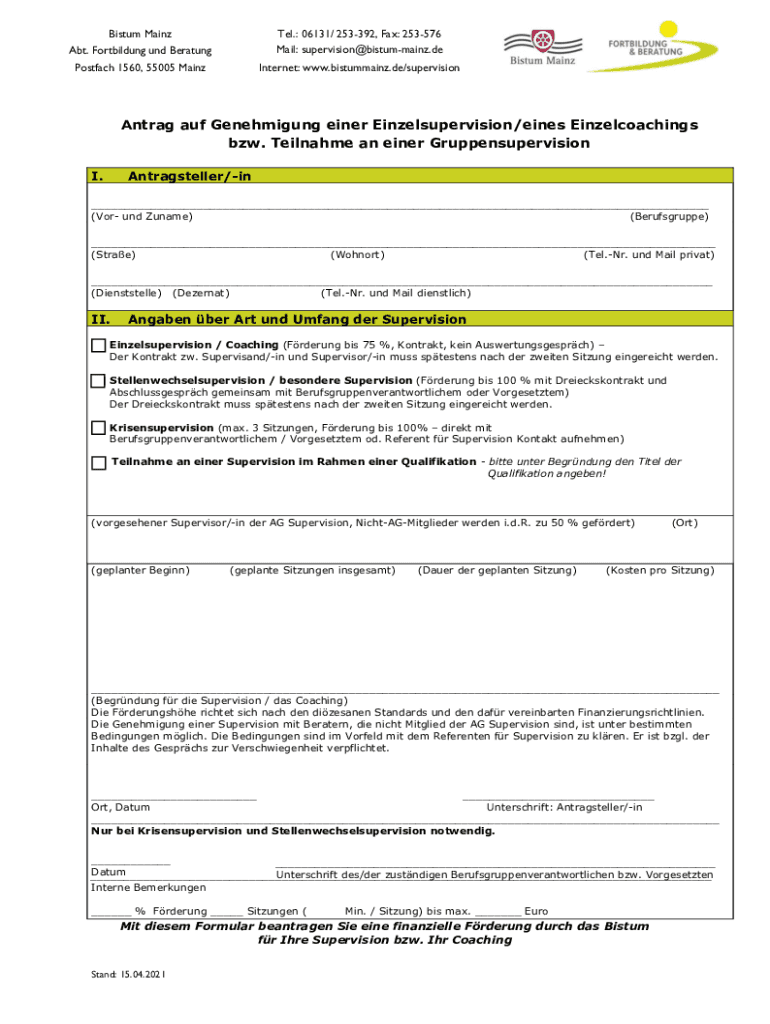 Ausfüllbar Online Antrag auf Genehmigung einer Einzelsupervision/eines ... Fax Email Drucken ...