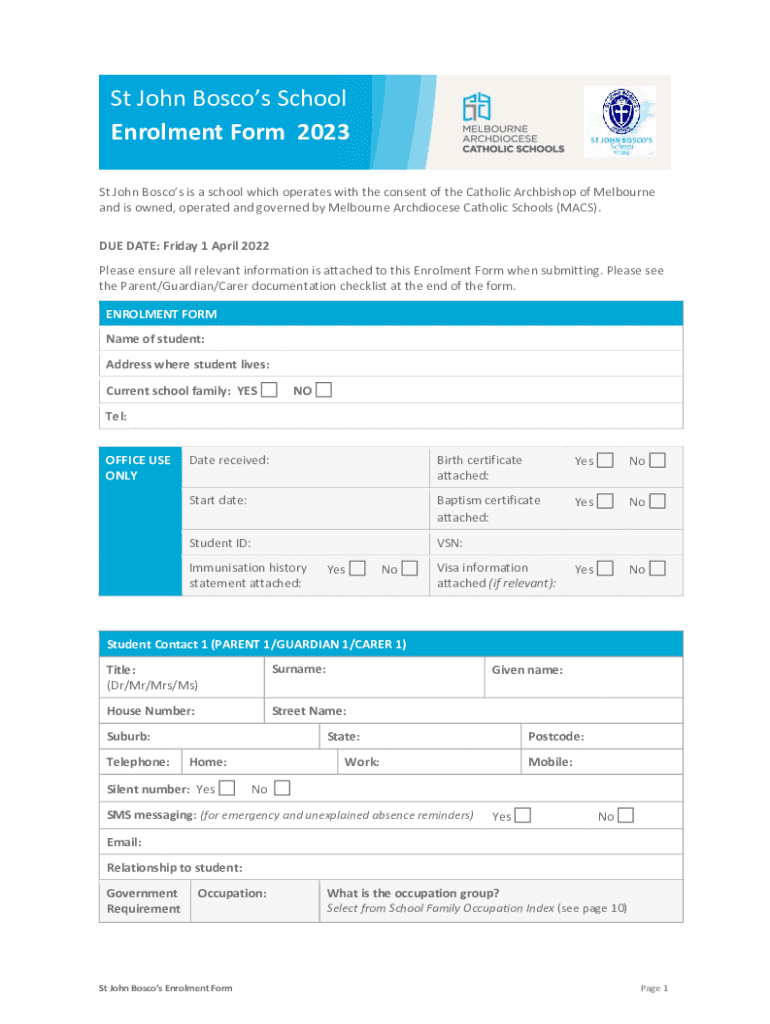 Fillable Online St John Bosco's School Enrolment Form 2023 Fax Email ...