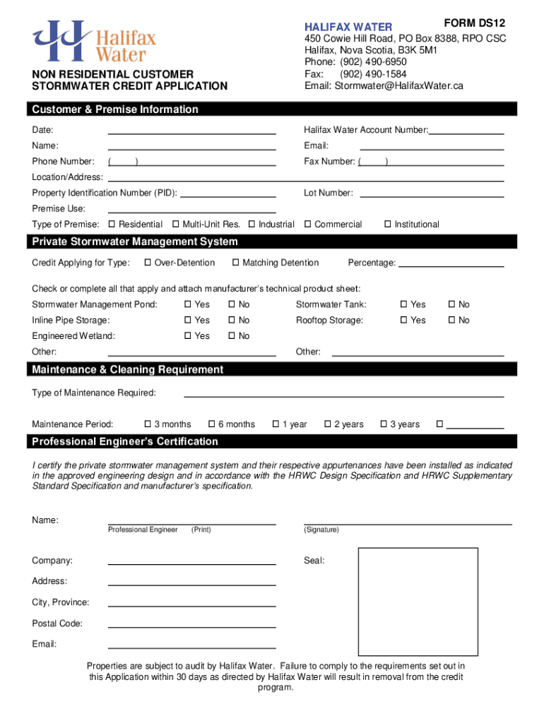 Fillable Online Fillable Online HALIFAX WATER 450 Cowie Hill Road, PO ...