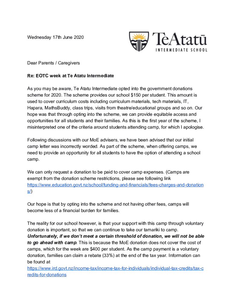 Fillable Online EOTC week at Te Atatu Intermediate As you may be aware ...