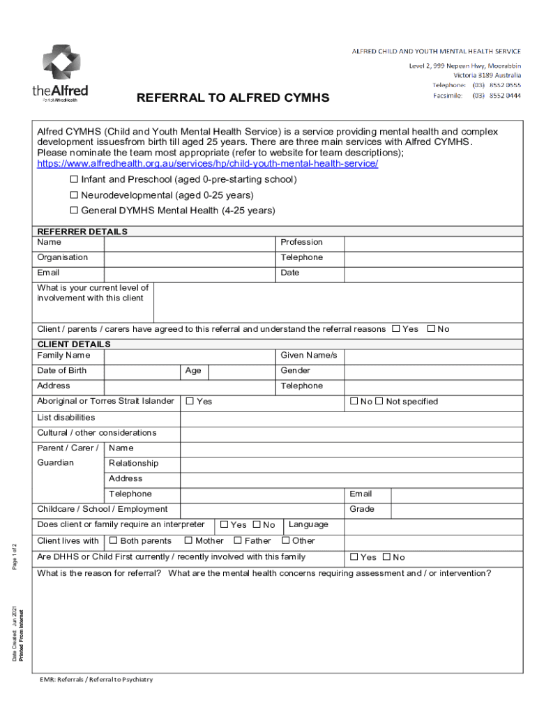 Fillable Online Alfred Child Youth Mental Health Service (CYMHS) Mental ...