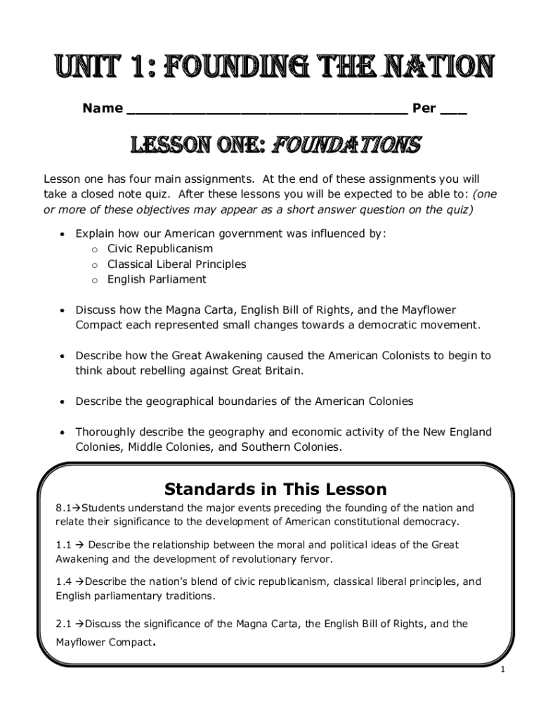 Fillable Online Unit 1: Founding the Nation Fax Email Print - pdfFiller