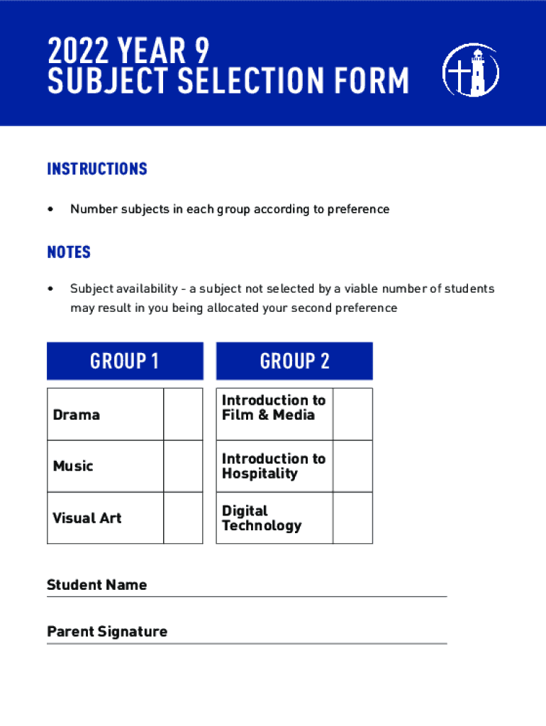 Fillable Online 2022 YEAR 9 SUBJECT SELECTION FORM Fax Email Print ...