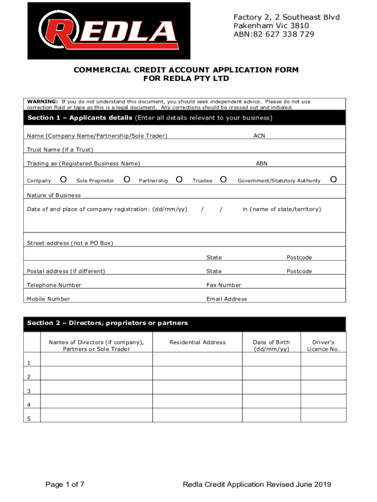 Fillable Online commercial credit account application form for redla ...