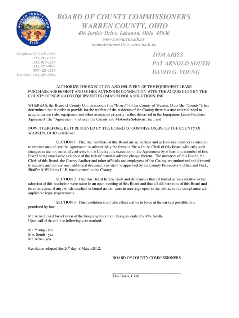 Fillable Online AUTHORIZE THE EXECUTION AND DELIVERY OF THE EQUIPMENT ...