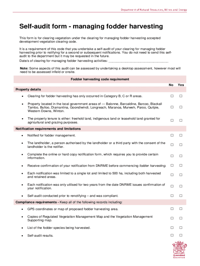 Fillable Online Self-audit form - managing fodder harvesting. This form is for clearing ...