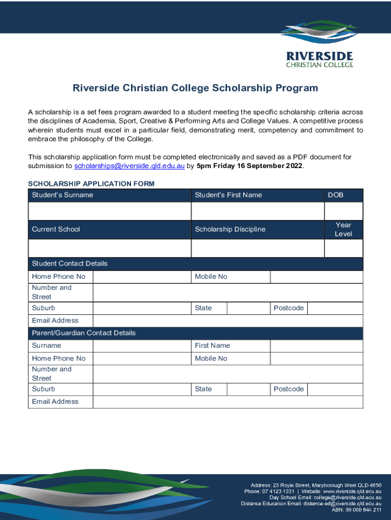 Fillable Online riverside qld edu Scholarship-Application-Form-2023 ...