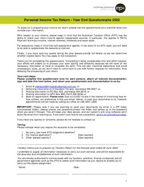 Fillable Online Personal Income Tax Return - Year End Questionnaire ...