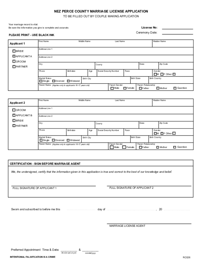 Fillable Online Nez Perce County ID Marriage Certificate Application Fax Email Print - pdfFiller