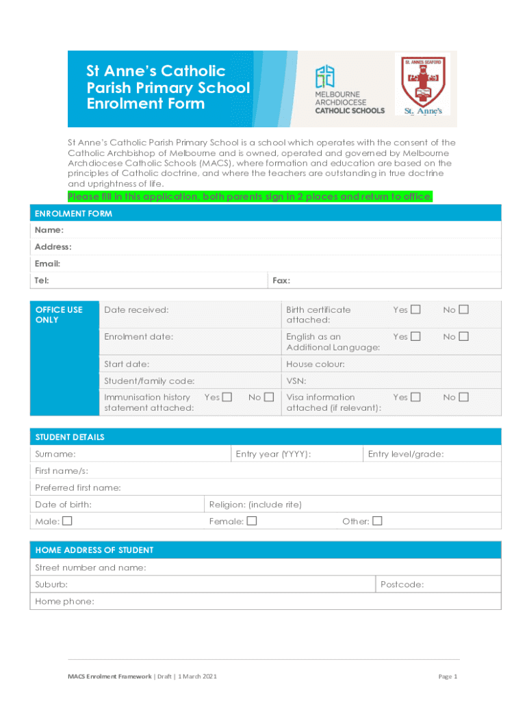 Fillable Online St Anne's Catholic Parish Primary School Enrolment Form ...