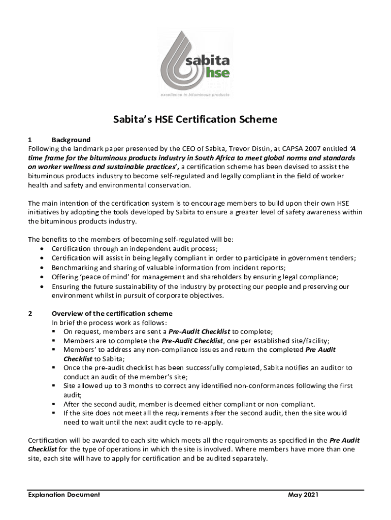 Fillable Online Sabita's HSE Certification Scheme Fax Email Print ...
