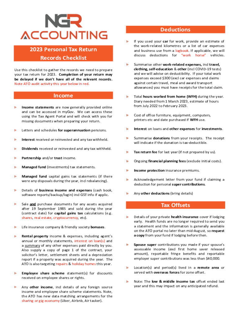 Fillable Online 2023 Personal Tax Return Records Checklist Income ...